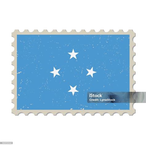 미크로네시아 그런 지 우표 빈티지 엽서 벡터 일러스트 레이 션 와 미크로네시아 국기 와 백색 배경 고립된 통하고 있는 복고풍 스타일 Micronesian Flag에 대한