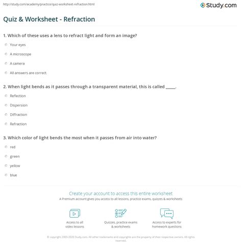 Quiz And Worksheet Refraction