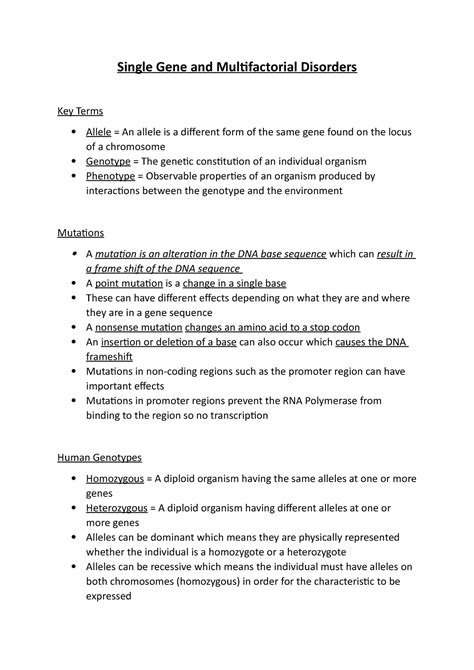 Single Gene And Multifactorial Disorders Studocu