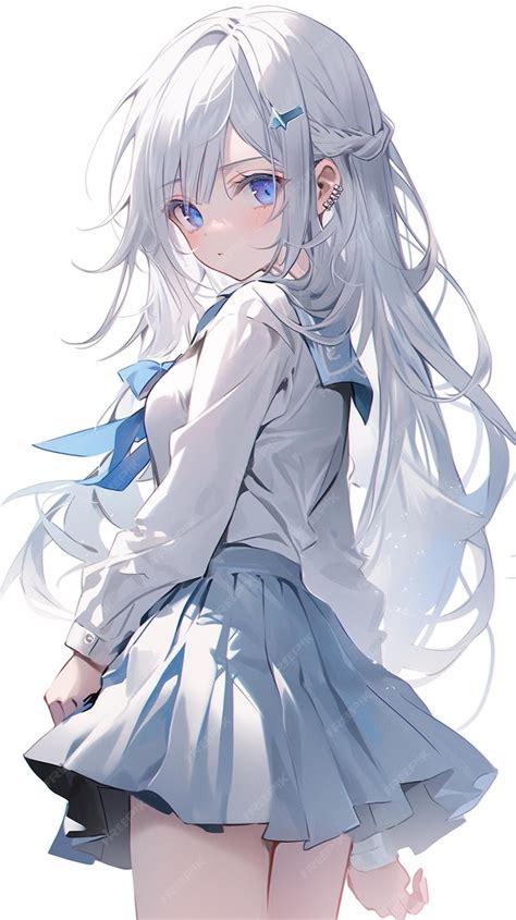 Premium Photo Anime Girl With Long White Hair And Blue Eyes In A Short Skirt Generative Ai