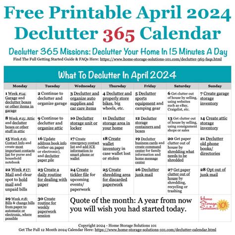 April Declutter 365 Calendar 15 Minute Daily Missions For Month In 2024 Declutter Declutter