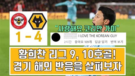 브렌트포드 Vs 울버햄튼 1228목 황희찬 리그 9 10호 골 경기 해외 반응을 알아보자 Youtube