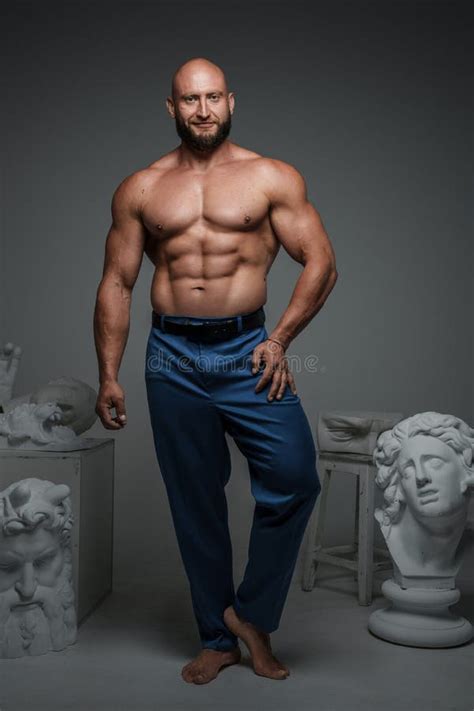 Bearded Muscular Guy With Naked Torso Around Marble Busts Stock Photo Image Of Design Adult