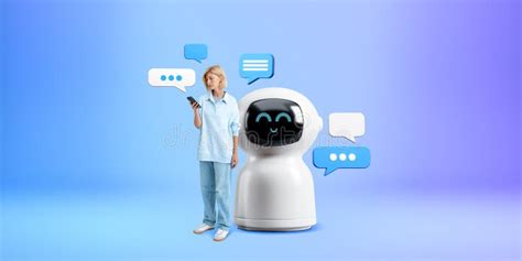 Woman With Smartphone Standing Near Robot With Mockup Speech Bubbles