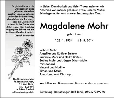 Traueranzeigen Von Magdalene Mohr Trauerportal Ihrer Tageszeitung