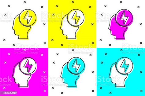 색상 배경에 격리된 사람의 머리와 전기 기호 아이콘을 설정합니다 벡터 개념에 대한 스톡 벡터 아트 및 기타 이미지 개념 검은색 과학 Istock
