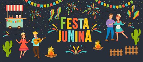 라틴 아메리카 휴일 페스타 주니나 파티 깃발과 종이 등불 옥수수 기타 모닥불 재미있는 춤추는 사람들 축제 불꽃 놀이의 브라질 전통 상징 파티에 대한 스톡 벡터 아트 및 기타