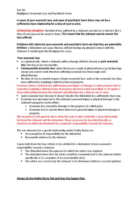 Unit 3 Pure Economic Loss And Pure Psychiatric Loss Tort U