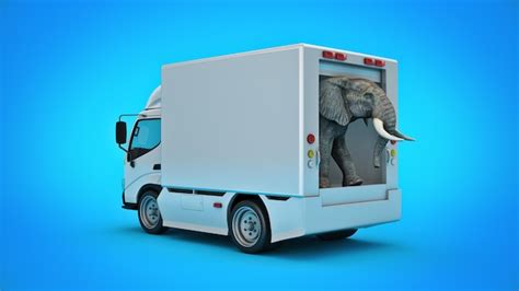 코끼리가 있는 흰색 배달 트럭 3d 렌더링 프리미엄 사진