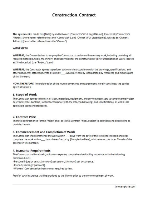 Free Construction Contract Template Word