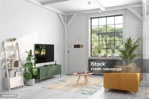 텔레비전 세트 가죽 안락 의자 플로어 램프 커피 테이블 및 화분에 심은 식물이있는 현대적인 거실 인테리어 거실에 대한 스톡 사진