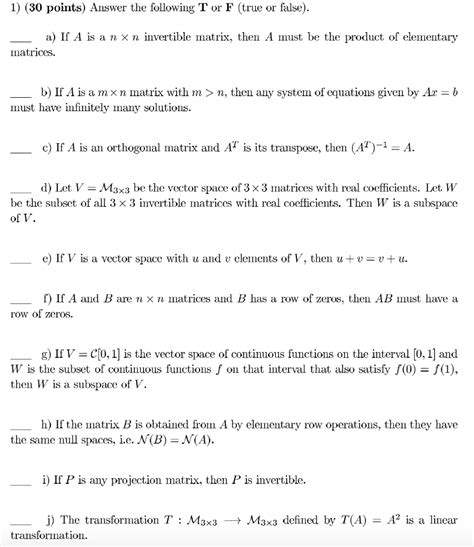 Solved 1 30 Points Answer The Following T Or F True Or