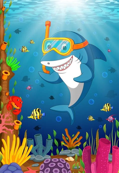 Tiburón de dibujos animados bajo el mar Vector Premium Tiburon