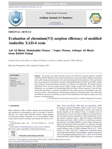 Pdf Evaluation Of Chromium Vi Sorption Efficiency Of Modified Amberlite Xad 4 Resin