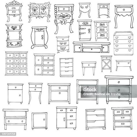 우아한 골동품과 현대적인 가구의 큰 세트 스케치 스타일입니다 흰색 배경에 격리 복고풍 빈티지와 현대적인 드레서와 집 침실침대 옆 테이블의 벡터 컬렉션 옷서랍에 대한 스톡