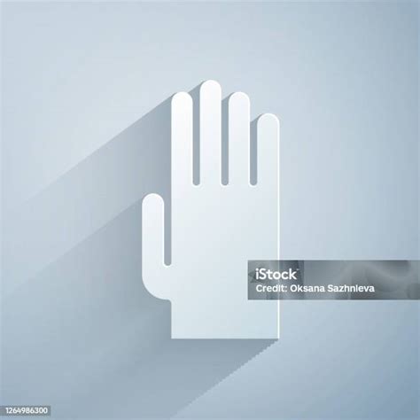 회색 배경에 격리 된 용지 컷 고무 장갑 아이콘 라텍스 손 보호 표지판 집안일 청소 장비 기호 종이 아트 스타일 벡터 일러스트레이션 3차원 형태에 대한 스톡 벡터 아트 및