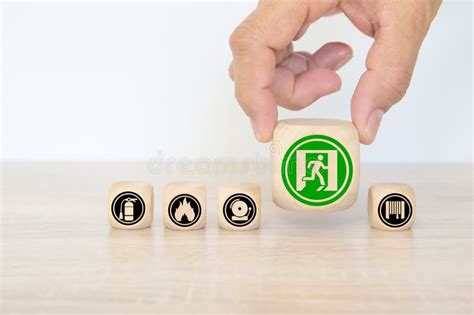 Fire Prevention Concept On Cube Wooden Toy Block Stack With Door Exit Sing Or Fire Escape For