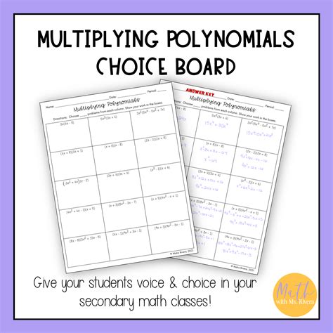 Multiplying Polynomials Worksheet Choice Board For Algebra 1 Maila Rivera Tpt For Beginners
