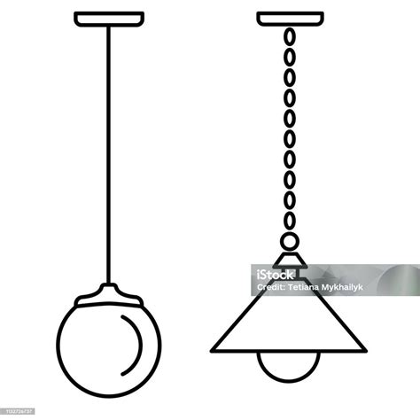 매달려 펜 던 트 램프의 블랙 White 벡터 일러스트 레이 션 야외 Gt 실내 조명 기구의 라인 아이콘입니다 격리 된 개체 Led 조명에 대한 스톡 벡터 아트 및 기타