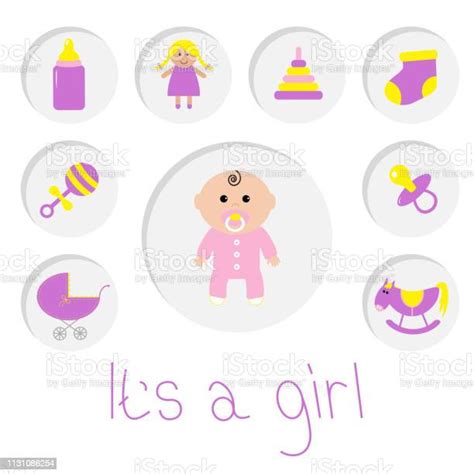그 여자 아기 소녀 샤워 카드입니다 병 말 고무 젖꼭지 양말 인형 유모차 피라미드 장난감 라운드 아이콘 세트입니다 격리 화이트 Bacground 평면 디자인 도착에 대한