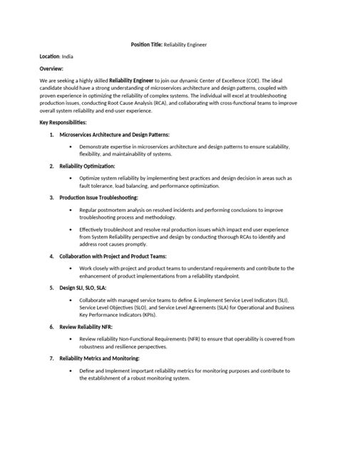 reliability engineer jd pdf reliability engineering service level