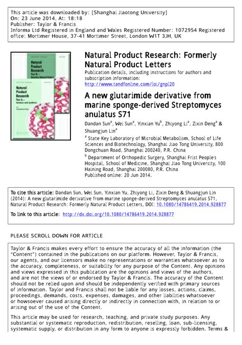 Pdf A New Glutarimide Derivative From Marine Sponge Derived Streptomyces Anulatus S71