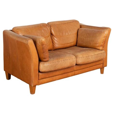 Mid Century Modern Two Seat Sofa Loveseat In Caramel Brown Leather