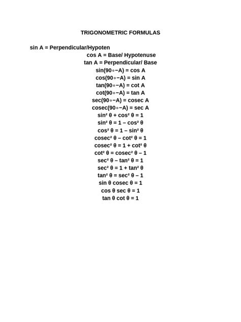 Trigonometric Formulas Pdf