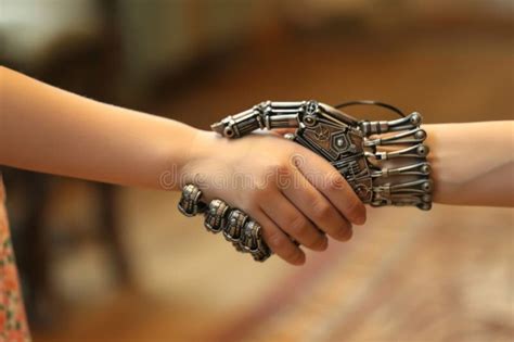 Robot Hand Shaking Human Hand Symbolizing Collaboration Between Ai And