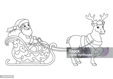 ซานตาคลอสถือของขวัญคริสต์มาสบนรถเลื่อนกวางเรนเดียร์ หน้าสมุดระบายสีสําหรับเด็ก ตัวการ์ ภาพประกอบ