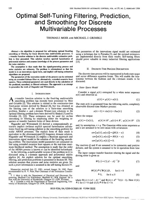 Pdf Optimal Self Tuning Filtering Prediction And Smoothing For