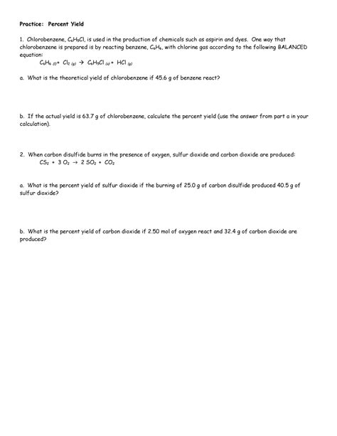 Percent Yield Practice Practice Percent Yield Chlorobenzene C H Cl Is Used In The Studocu