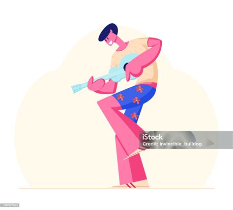 흰색 배경에 고립 된 우쿨렐레 기타를 연주 전체 높이 젊은 남자 리우 카니발 또는 하와이 만화 플랫 벡터 일러스트레이션에서 공연하는 남성 뮤지션 캐릭터 기타리스트 거장 음악