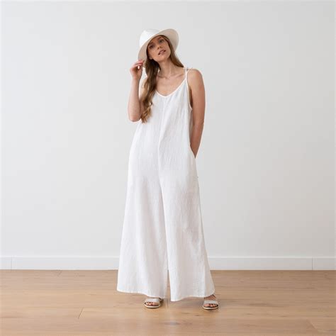 Linen Jumpsuit Women White Loose Fit Wide Leg Linen Jumpsuit With
