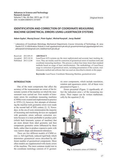 Pdf Identification And Correction Of Coordinate Measuring Machine Geometrical Errors Using