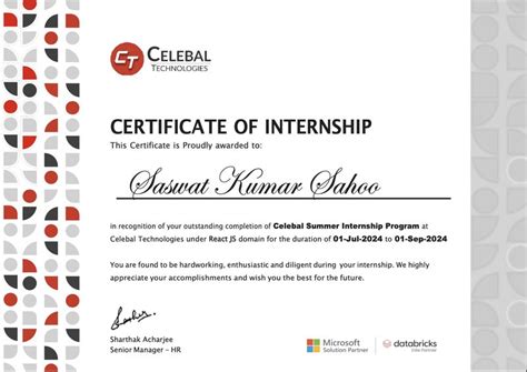 Saswat Kumar Sahoo On Linkedin Reactjs Internship Careergrowth Celebaltechnologies