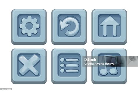 만화 만화 스타일 게임 디자인 요소 흰색 배경에 격리된 인터페이스 개체의 돌 블록에 메뉴 Ui 버튼을 설정합니다 벡터 그림 2차 도형에 대한 스톡 벡터 아트 및 기타 이미지