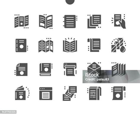 팸플릿 광고 카드 전단지 레이아웃 소책자 문서 공백 및 프로모션 브로셔 카탈로그 벡터 솔리드 아이콘입니다 간단한 픽토그램 아이콘에 대한 스톡 벡터 아트 및 기타 이미지