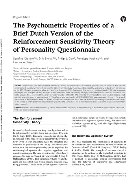 Pdf The Psychometric Properties Of A Brief Dutch Version Of The Reinforcement Sensitivity