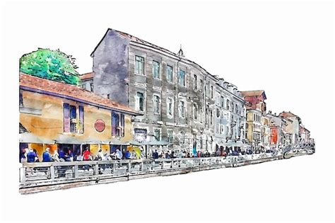 밀라노 이탈리아 수채화 손으로 그린 그림 흰색 배경에 고립 프리미엄 벡터