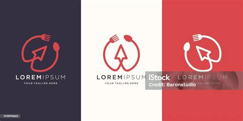 음식 온라인 디자인 템플릿 기호 숟가락과 포크가 커서 화살표와 결합됩니다 컴퓨터 마우스에 대한 스톡 벡터 아트 및 기타 이미지