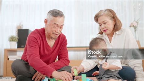다양한 연령대의 사람들 연로한 조부모 손주들로 구성된 행복한 가족은 함께 학습 기술을 향상시키기 위해 장난감을 가지고 놀고 있습니다 노인 부부의 은퇴 후의 삶은 건강과