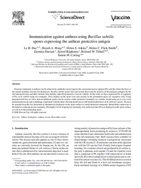 Pdf Immunization Against Anthrax Using Bacillus Subtilis Spores Expressing The Anthrax