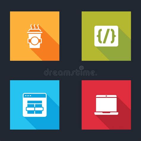 Set Coffee Cup To Go Programming Language Syntax Mysql Code And Laptop Icon Vector Stock