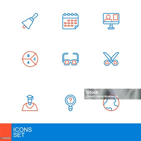 지구 지구본 알 수없는 검색 졸업생 및 졸업 모자 가위 파이 차트 인포 그래픽 안경 온라인 수업 및 학교 시간표 아이콘을