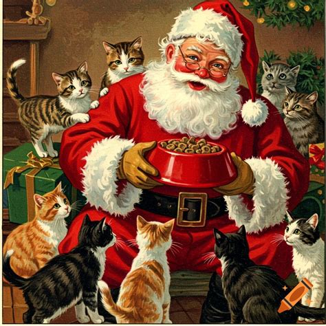 Santa Claus With Cats And Cat Treats Saturday Evening Post Style On