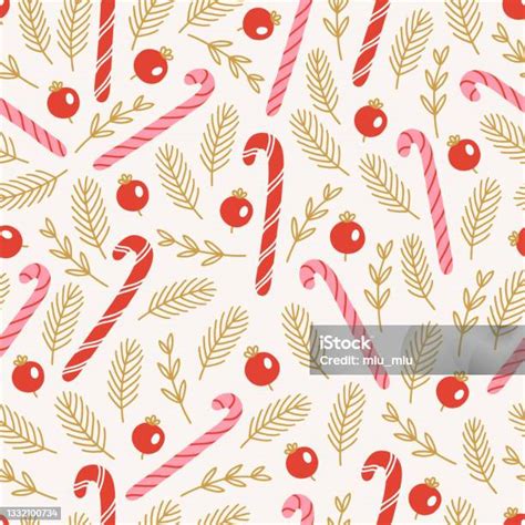 사탕 지팡이 잎 딸기 전나무 가지와 크리스마스 원활한 패턴 연속무늬에 대한 스톡 벡터 아트 및 기타 이미지 연속무늬 캔디 케인 겨울 Istock