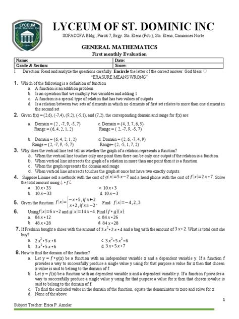 Gen Math Examination Pdf Function Mathematics Functions And Mappings