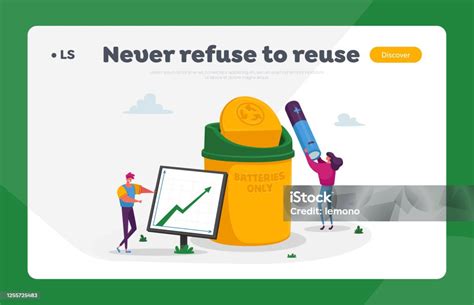 지구 오염 착륙 페이지 템플릿을 줄입니다 Man 캐릭터는 배터리 및 전자 폐기물 사용 및 재활용 통계로 성장하는 차트를 수행합니다 쓰레기 분리 만화 사람들 벡터