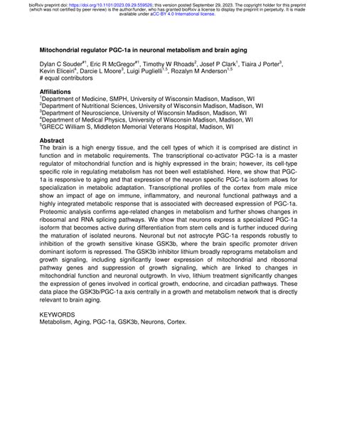 Pdf Mitochondrial Regulator Pgc 1a In Neuronal Metabolism And Brain Aging